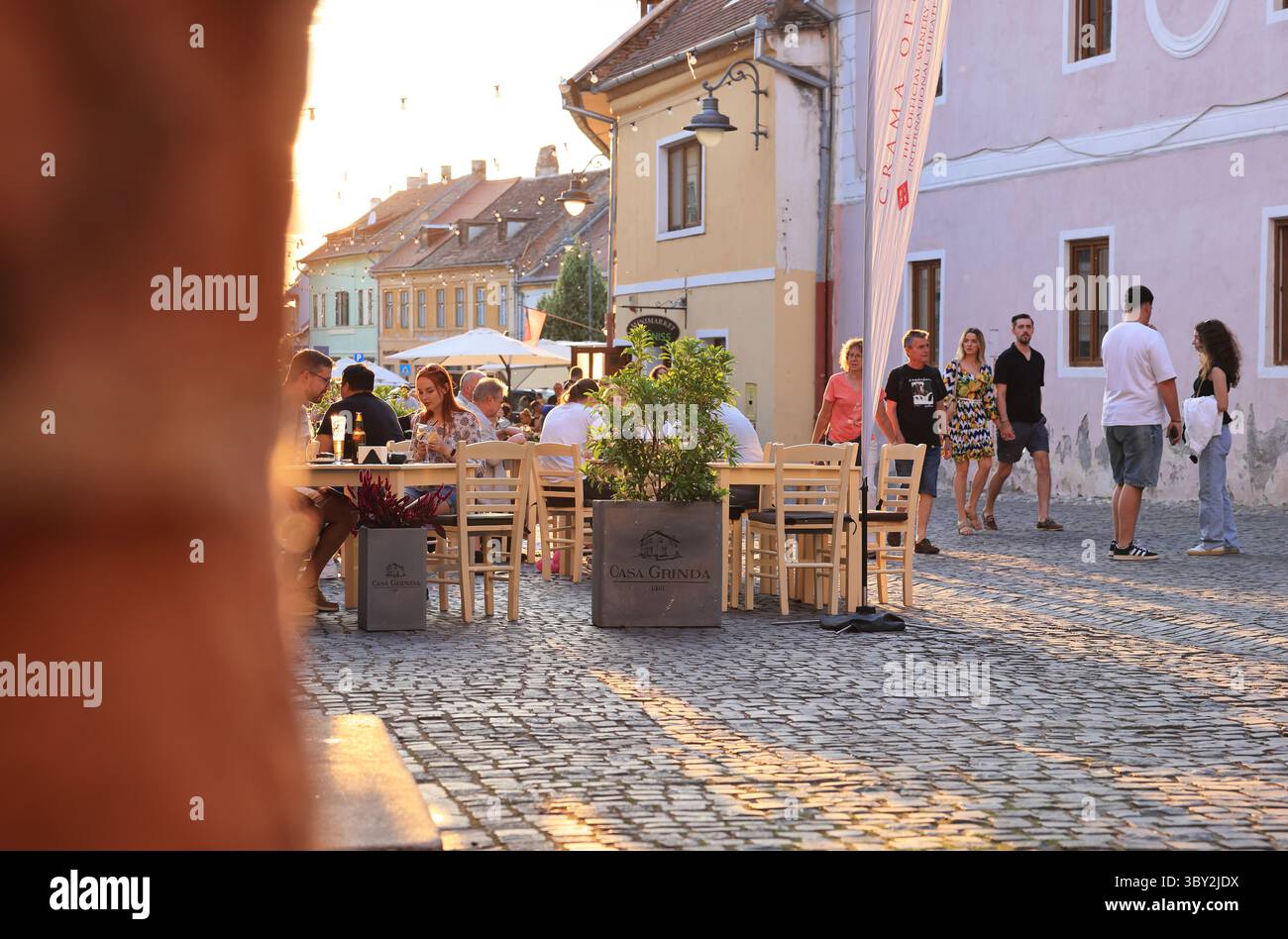 The medieval Lower Town in Sibiu, a charming area, with colourful ...