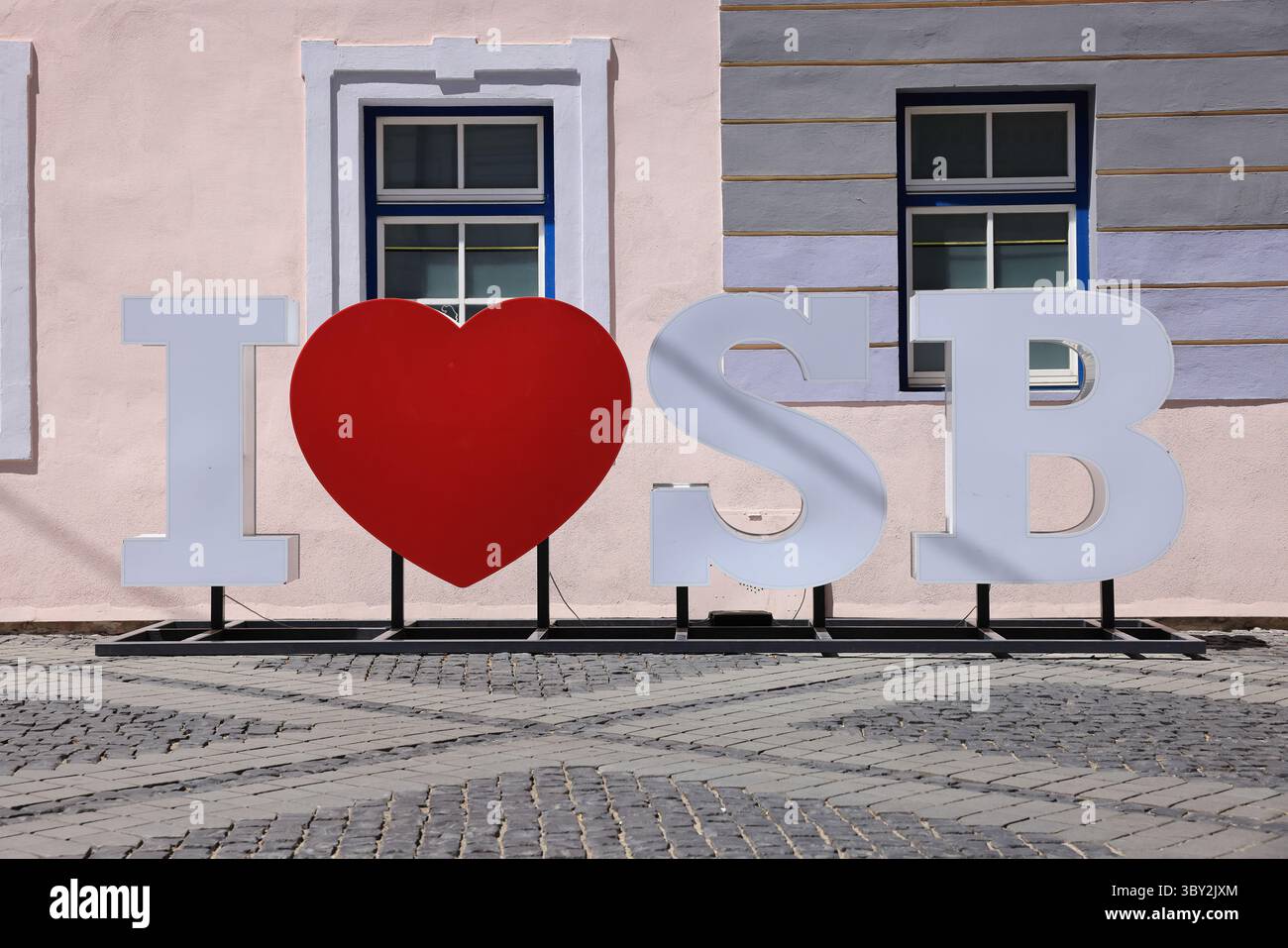 I Love Sibiu sign just off Piata Mare (big square) in Transylvania ...