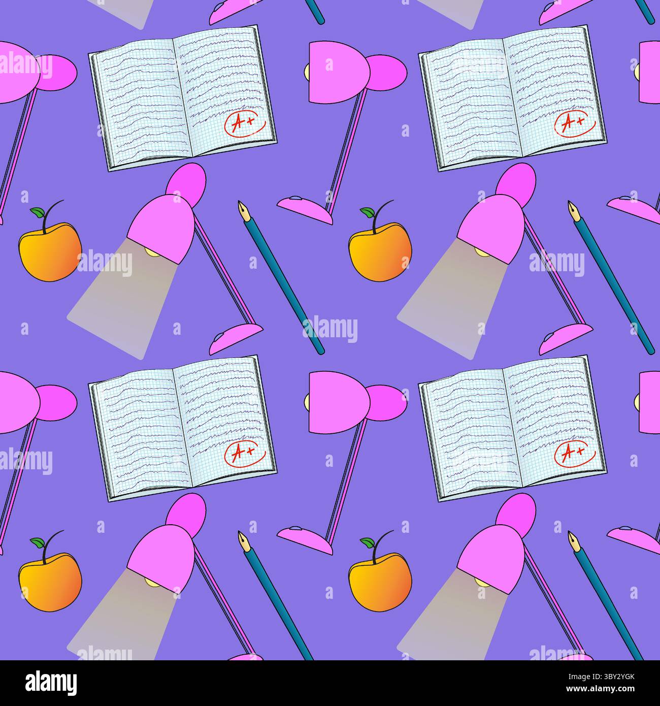 Seamless pattern with vector school desk lamps, notebooks, pencils, and ...
