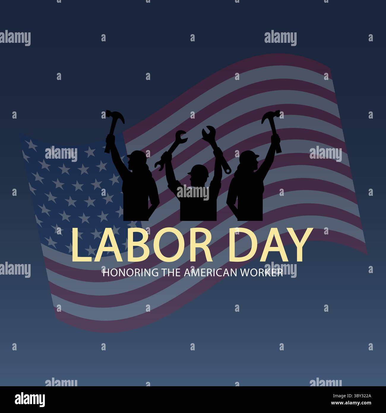 Labor Day Tribute with Workers and American Flag Silhouette ...