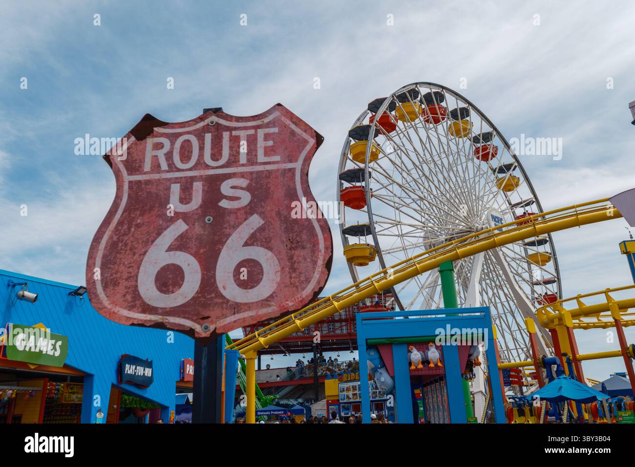 End of iconic Route 66 at Santa Monica Pier and carousel, Los Angeles ...
