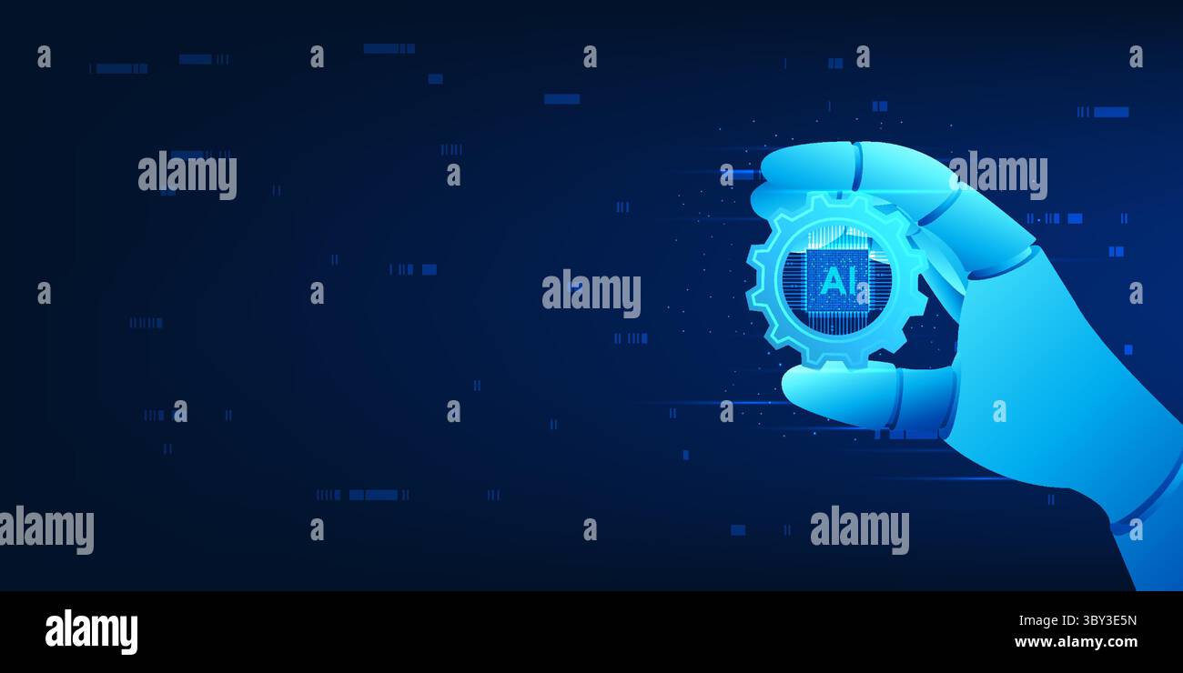 Agent AI Robotic hand holding a chip. Artificial intelligence represents AI technology embedded ...