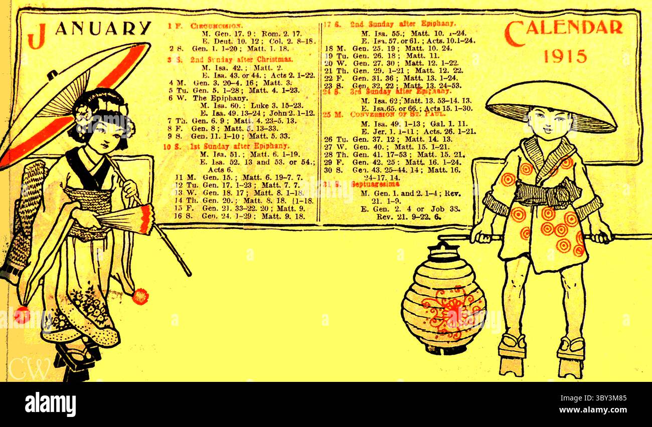 A calendar page from the month of January 1915 showing Japanese ...