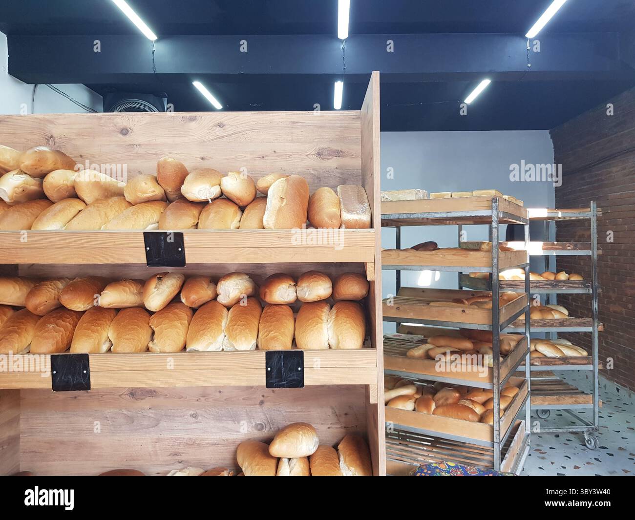 Baked Breads on Wooden Shelves in a Bakery Displaying Warm Crusty ...