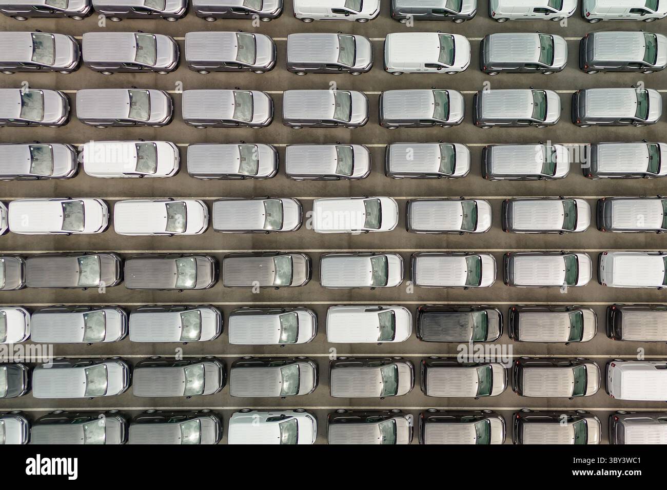 Aerial of New Cars in Stock Lot at Sea Port for Global Automotive Trade ...