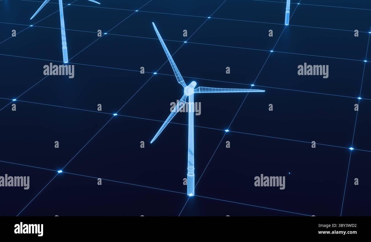 Wind turbines, hologram, blueprint, grid map. Wind turbines, hologram ...