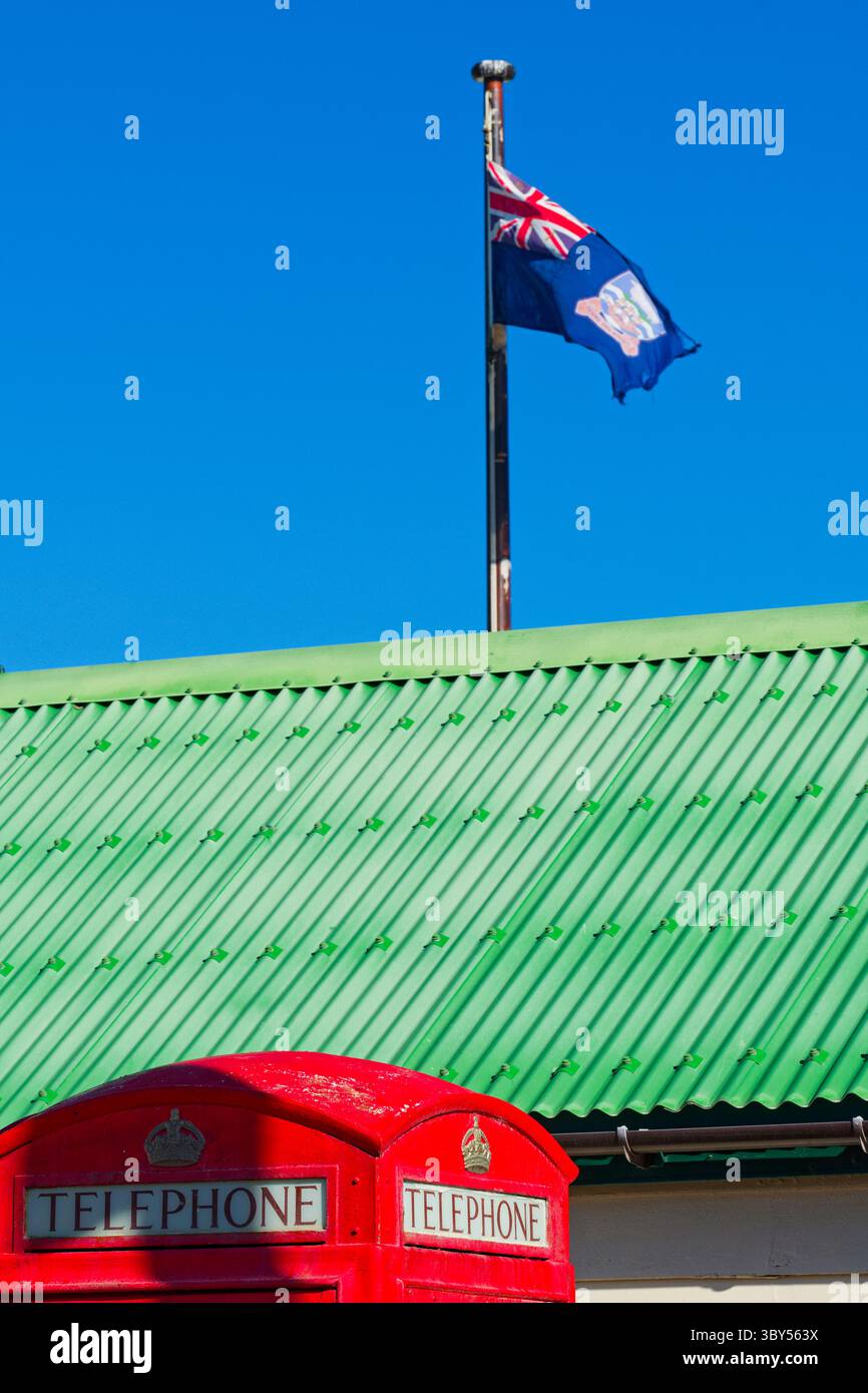 Typical British telephone booth, national flag, Stanley, Falkland ...