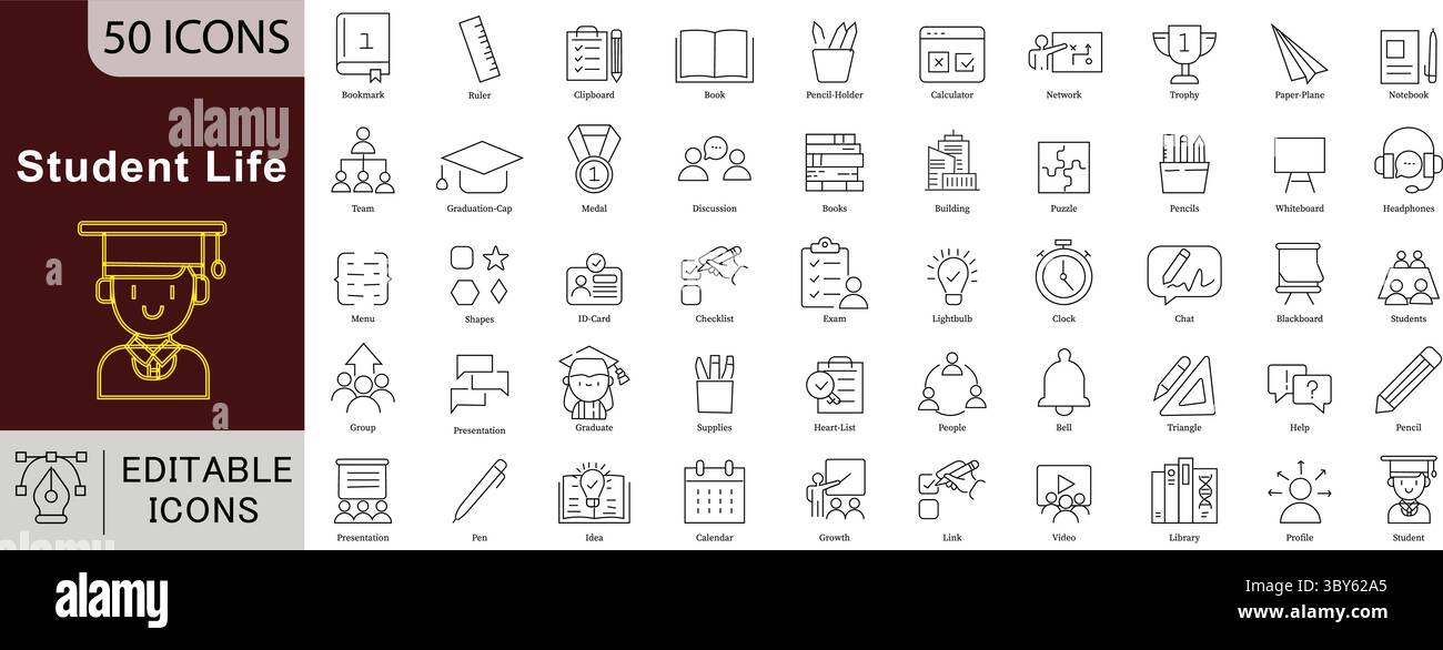 Student Life Editable Line Icons Set for Education, Learning, and ...