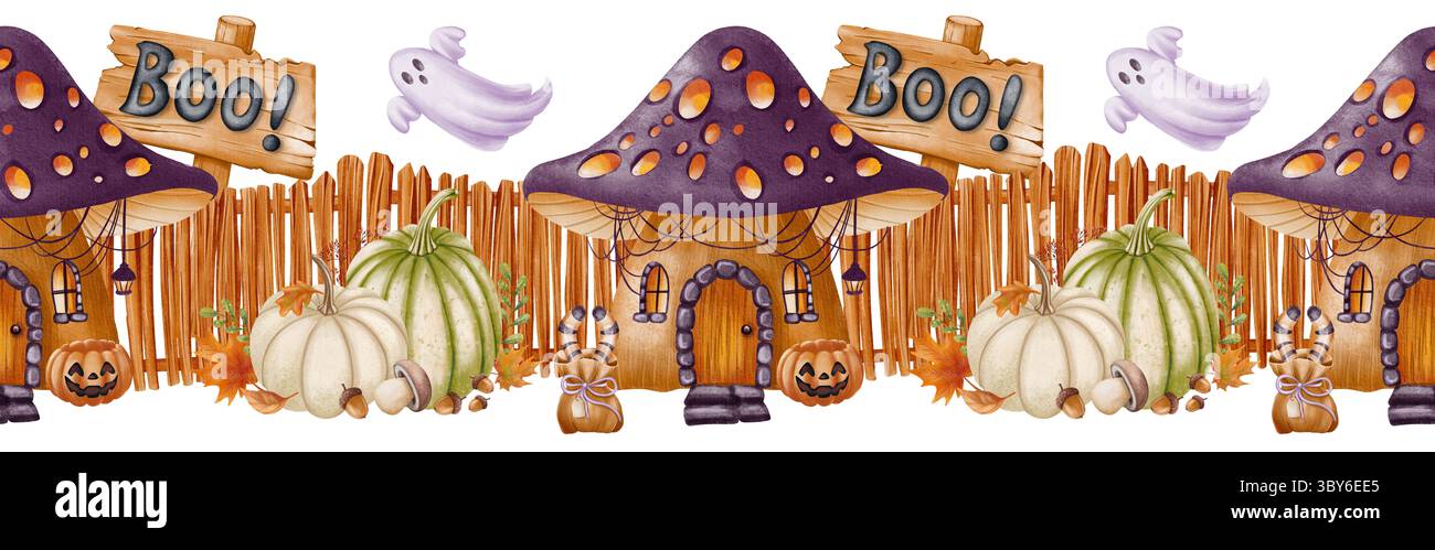 Halloween border with mushroom houses, white pumpkins, wooden fence ...