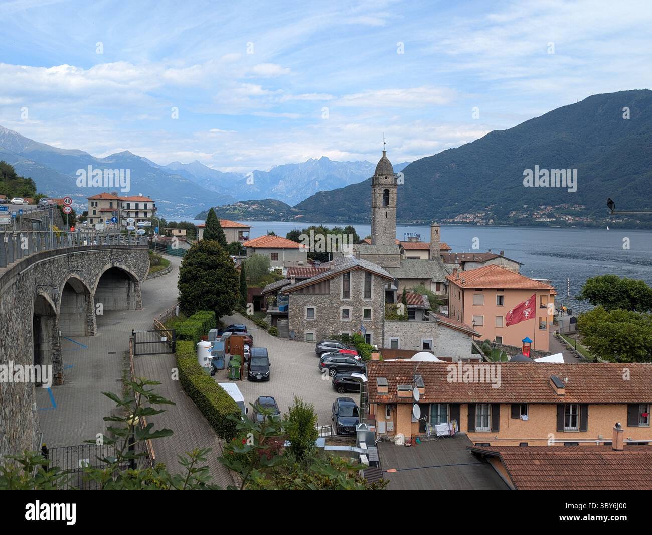 view of church spire and arches at Cremia lake como Stock Photo - Alamy