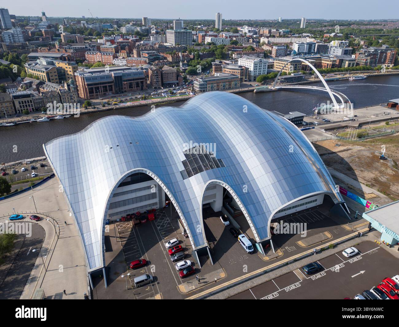 Aerial shot of The Sage Gateshead music and arts centre on the quayside ...