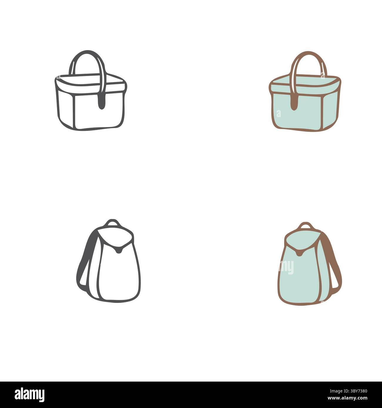 Set of Stylish Bags in Flat and Outline Style. Black and Color Versions ...