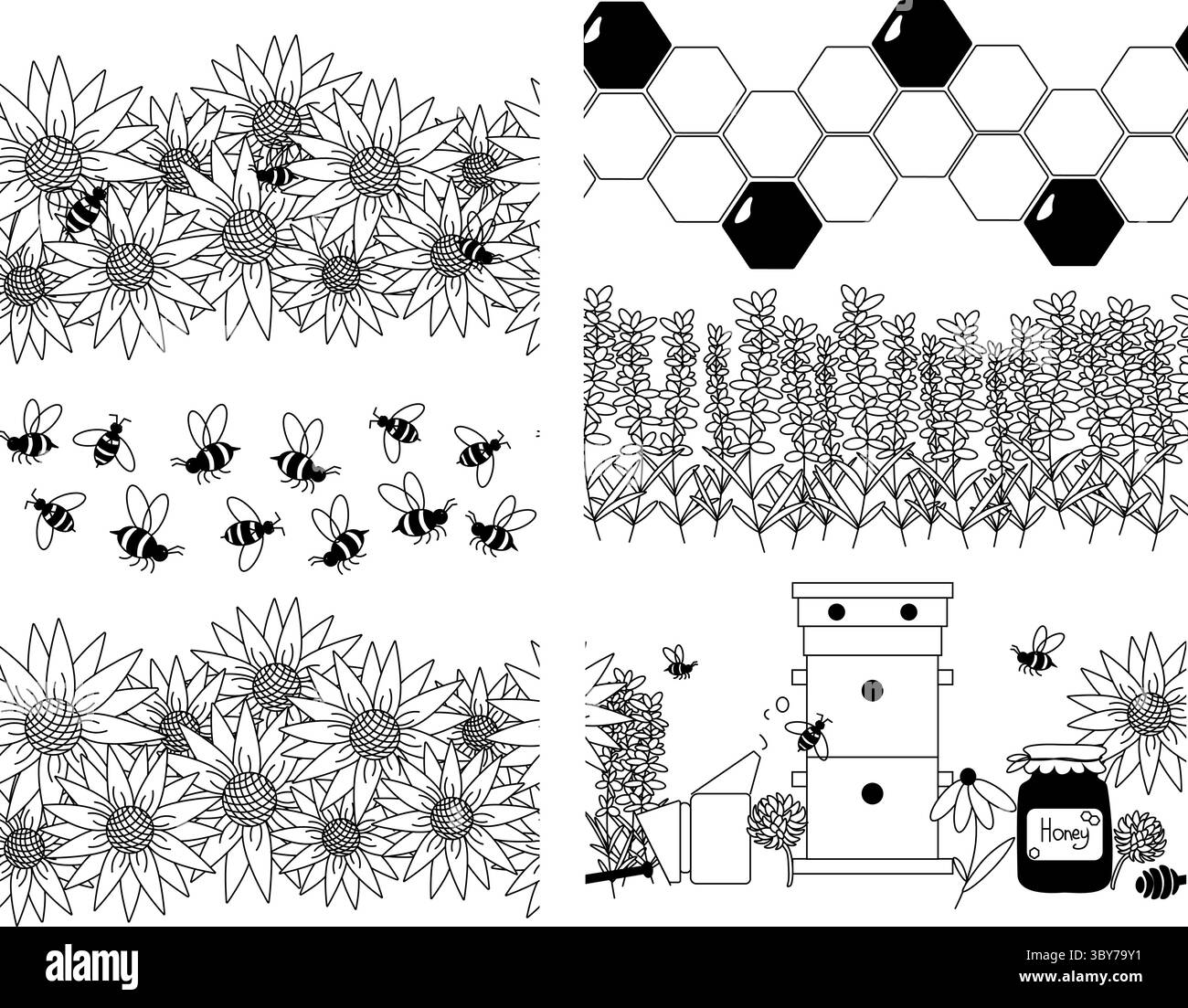 Honey, bees, honeycombs, flowers Horizontal seamless border set. Vector ...