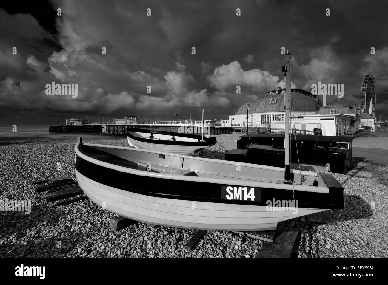 Colourful fishing boats on the beach, Worthing town, West Sussex County ...