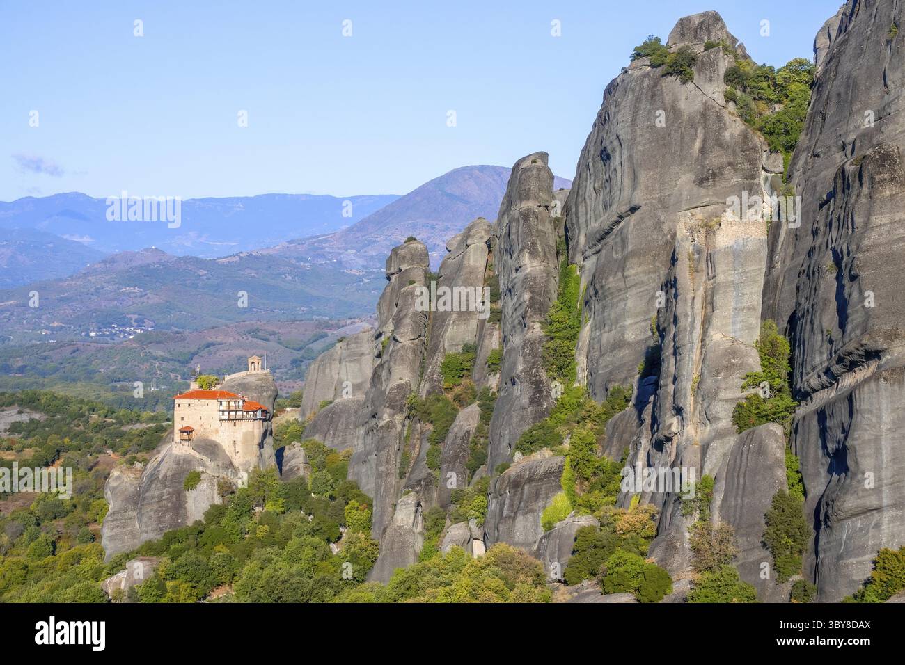 Greece. Sunny cloudless day over the Kalambaka Valley. Mountain sheer ...