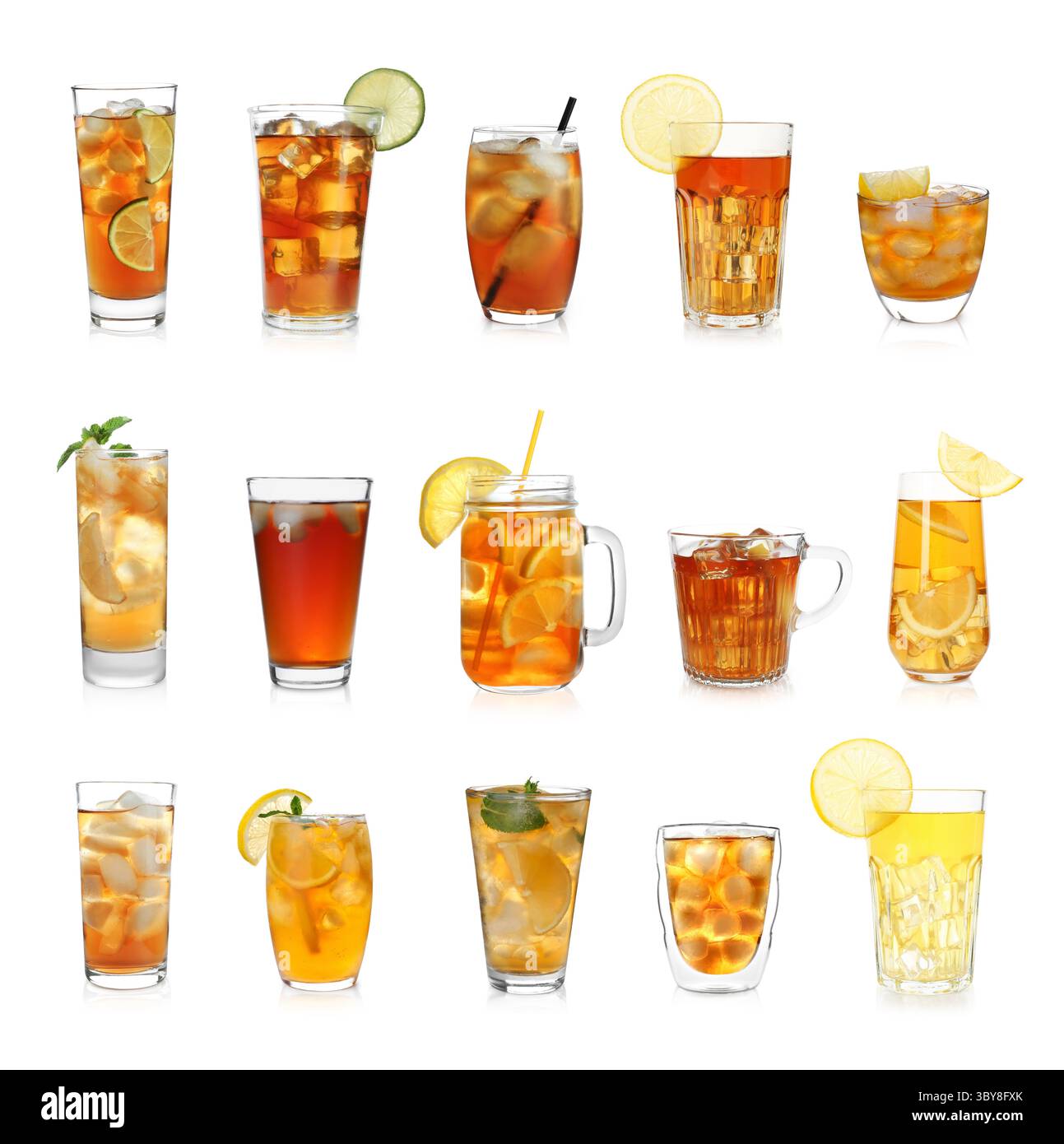 Iced tea. Different types of drinks in glasses isolated on white, set ...