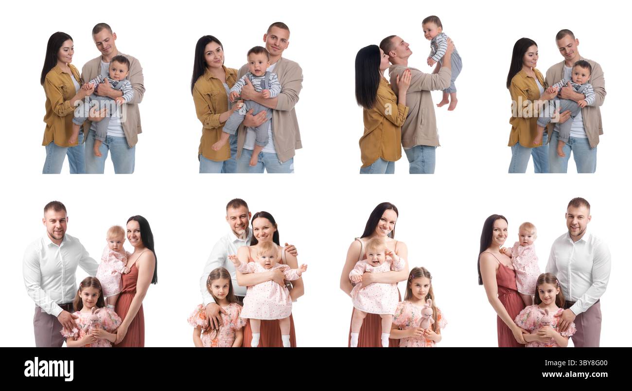 Happy families isolated on white, collection of portraits Stock Photo ...