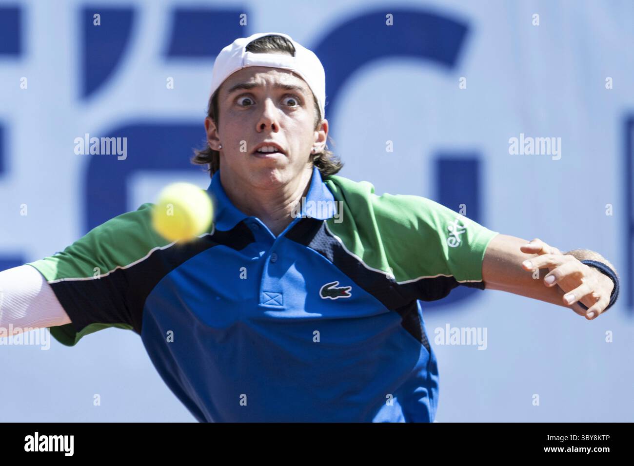 Arthur Cazaux of France eyes the ball as he plays Alexander Bublik of ...