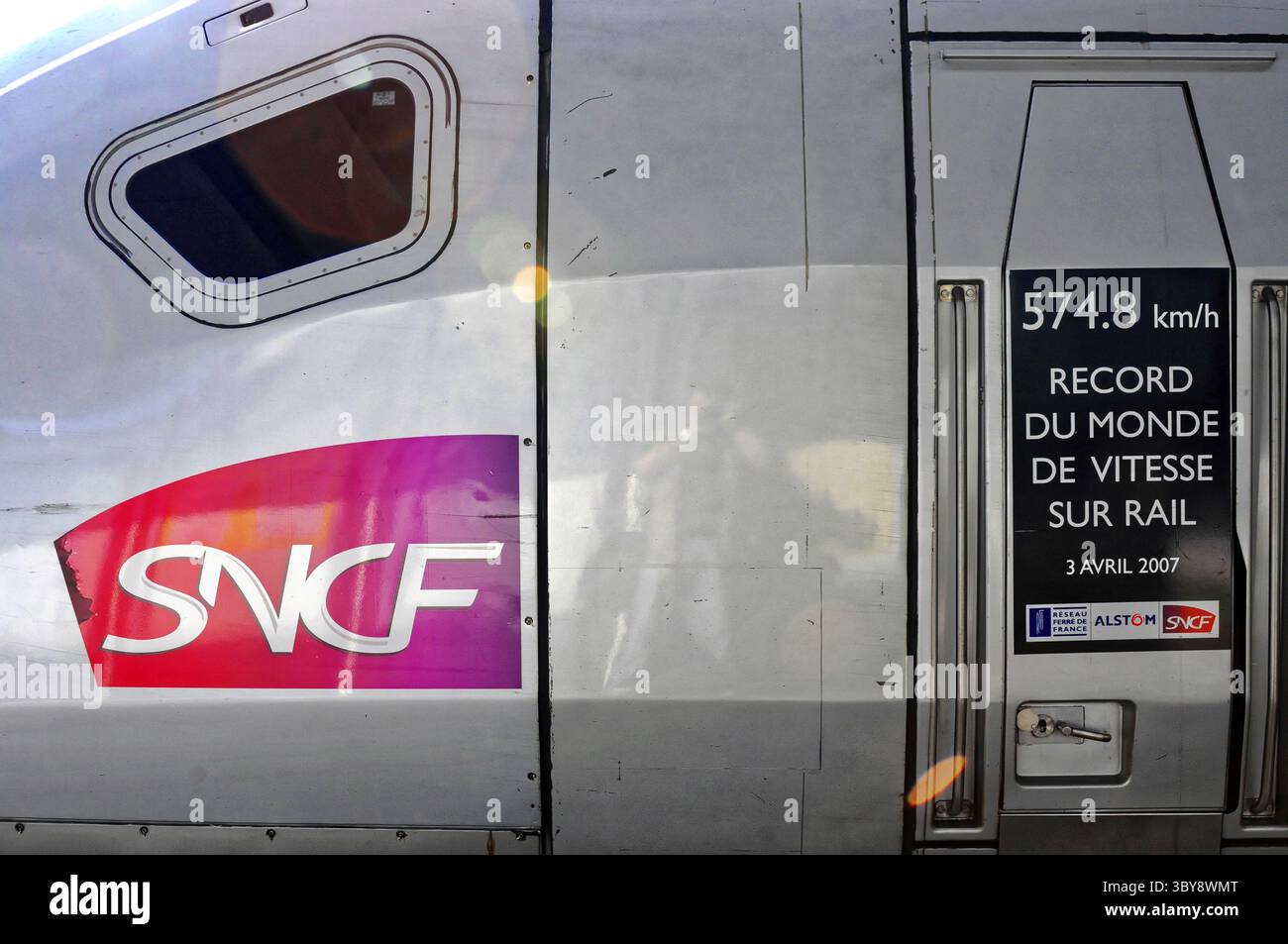Speed board of an SNCF train with speed record of 574, 8 km, Paris ...