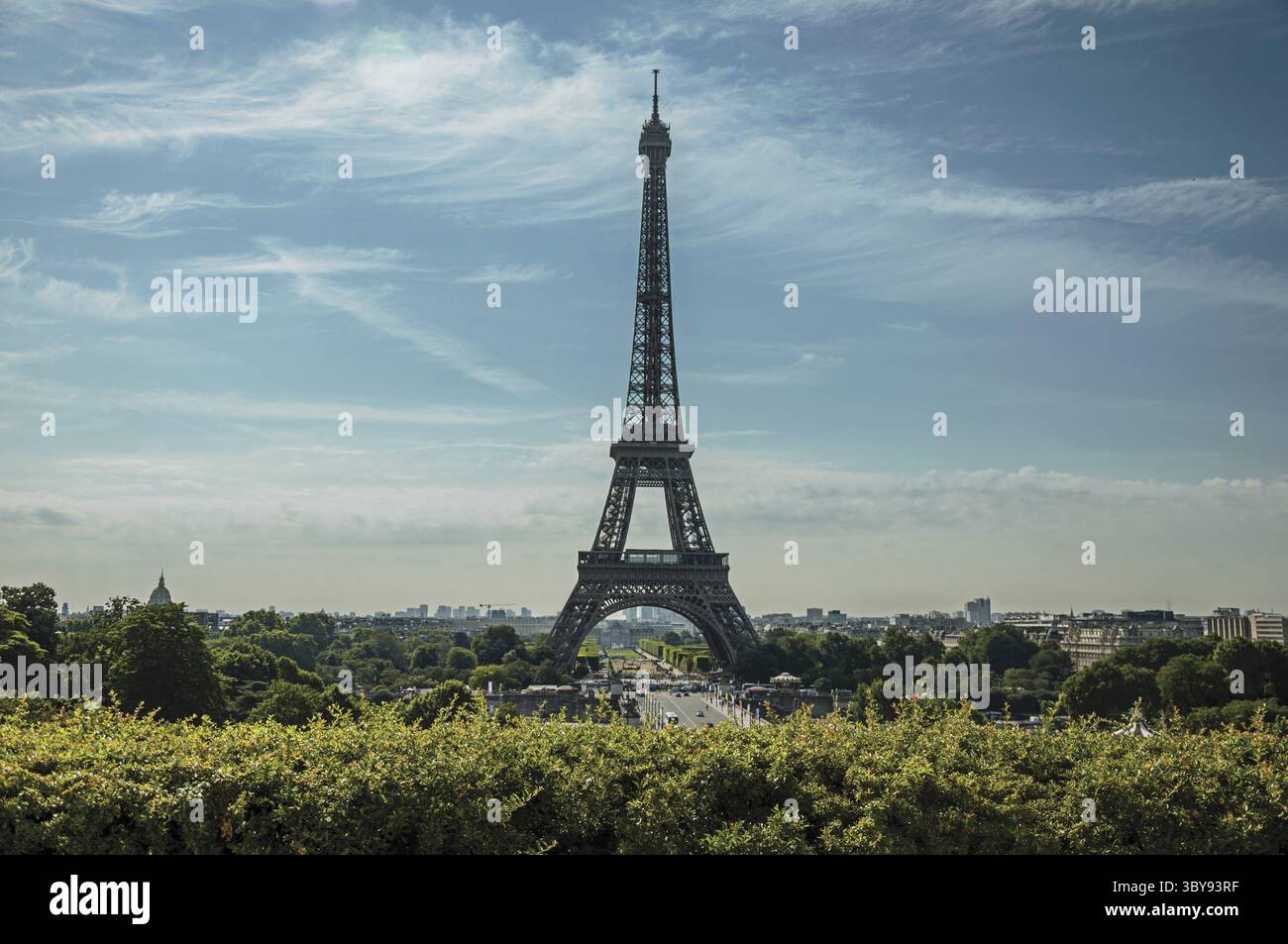 Seine River, Eiffel Tower and greenery under sunny blue sky, seen from ...