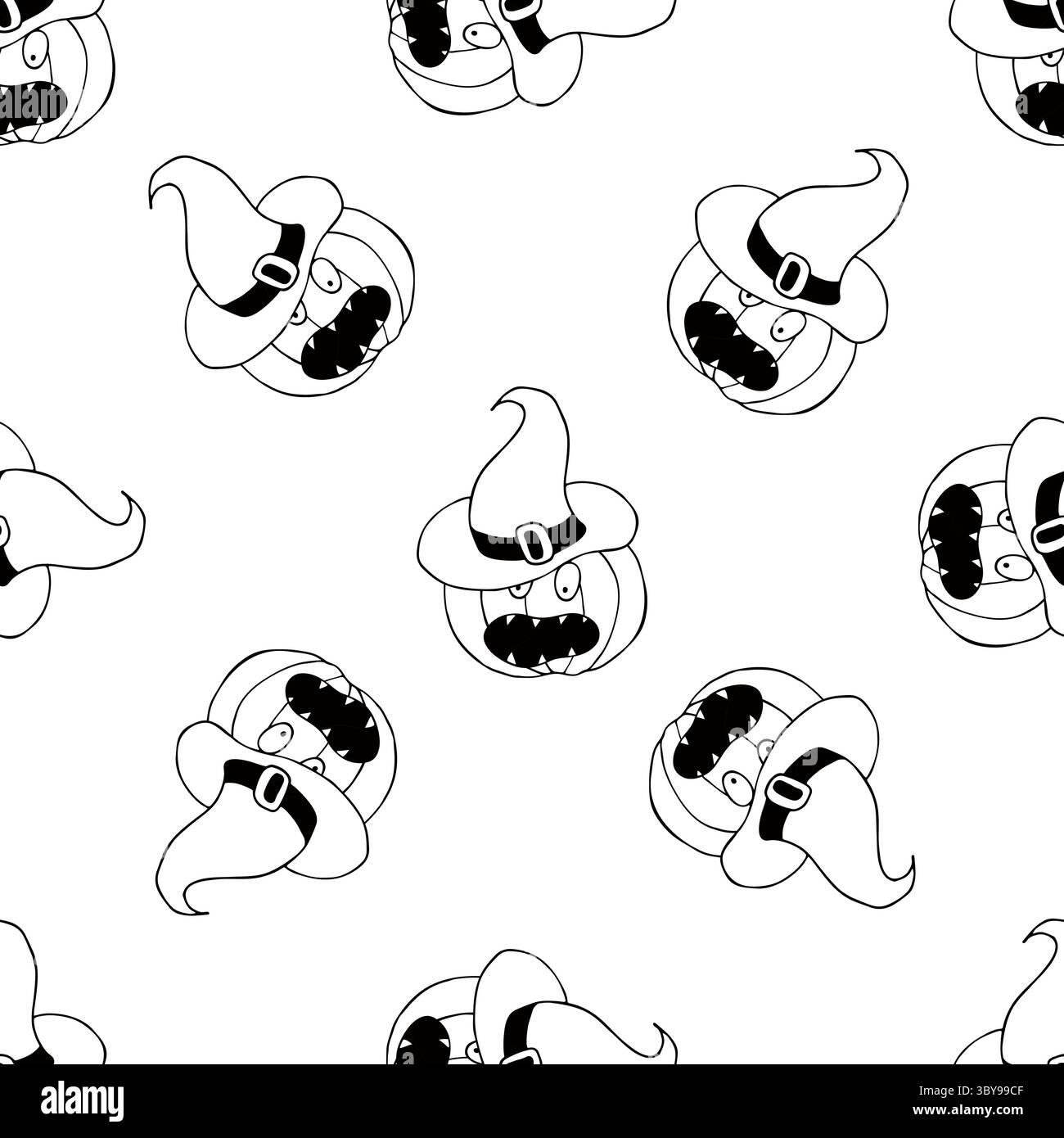 Halloween seamless pattern in hand draw style. Pumpkin in witch hat ...