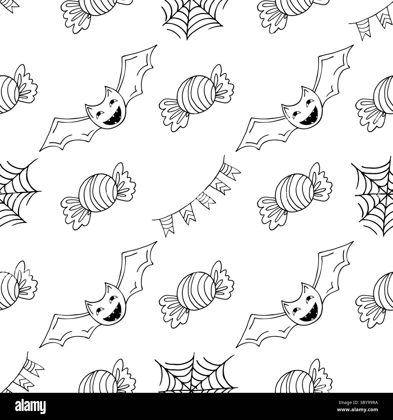 Monochrome Halloween seamless pattern in hand draw style. Bat ...