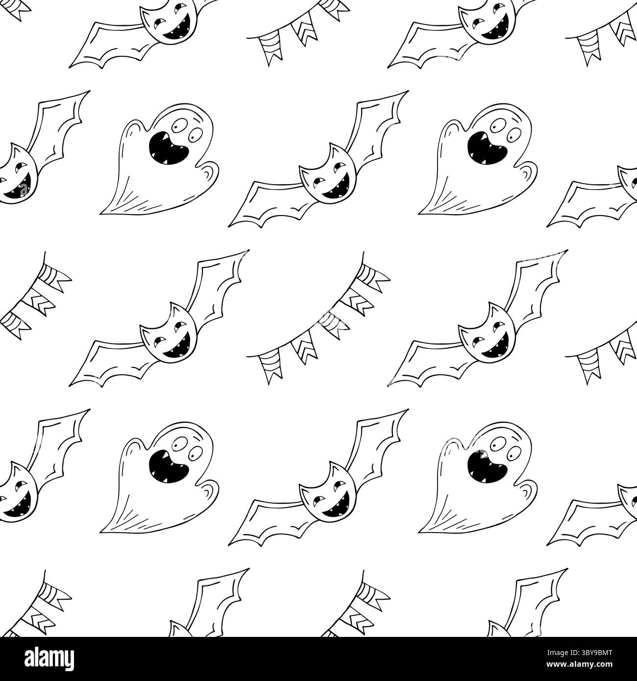 Monochrome Halloween seamless pattern in hand draw style. Bat ...
