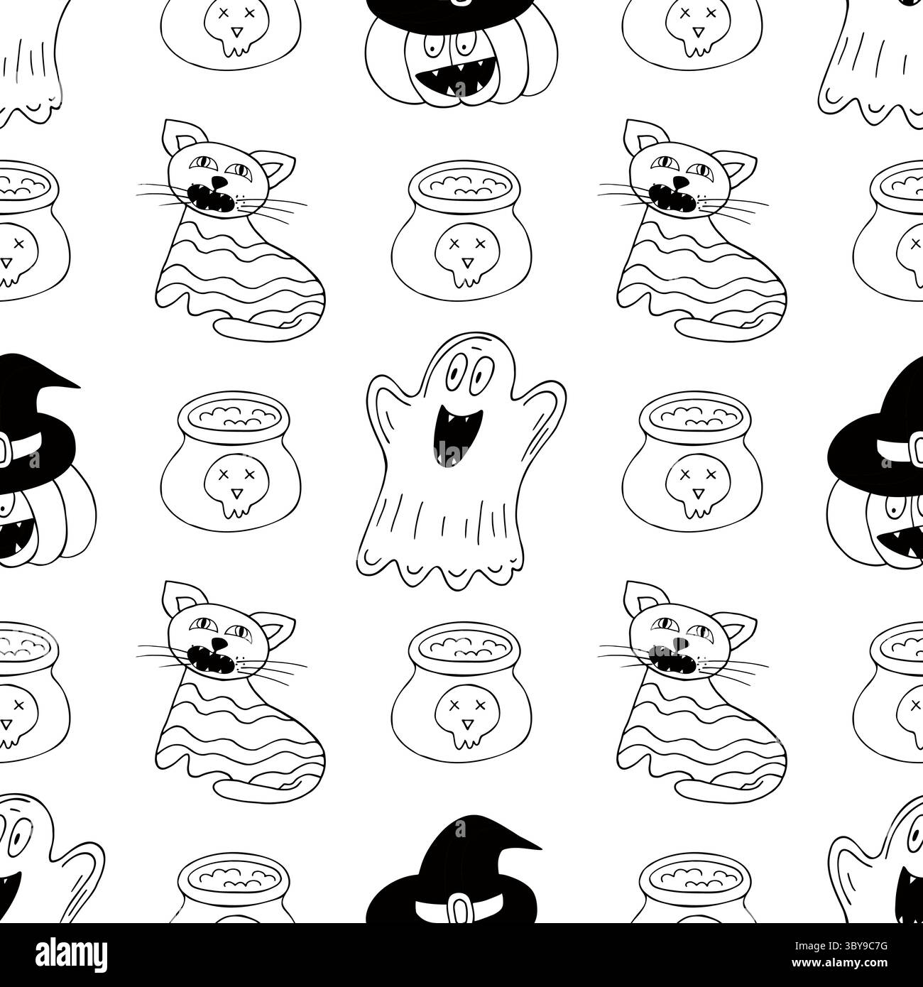 Halloween Monochrome pattern in hand draw style. Pumpkin, ghosts, witch ...