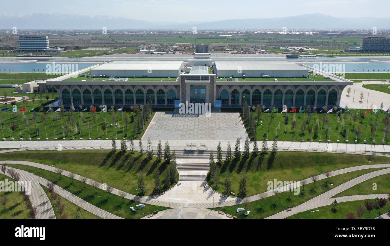 Samarkand, Uzbekistan - July 12, 2025: An aerial view of the modern ...