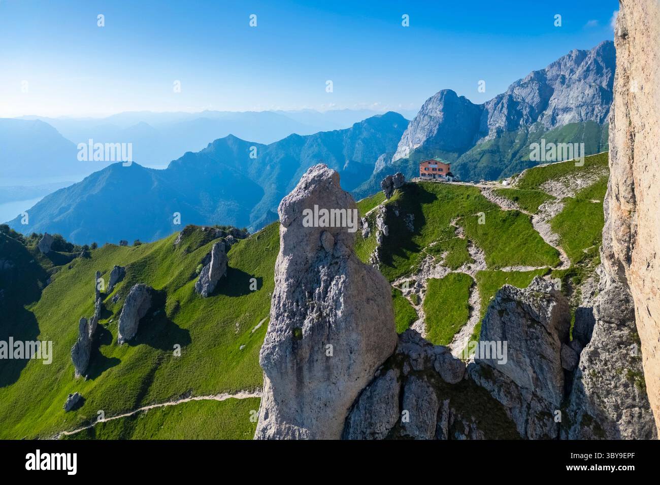 Aerial view of the Rifugio Rosalba and Grigna in summer. Piani ...