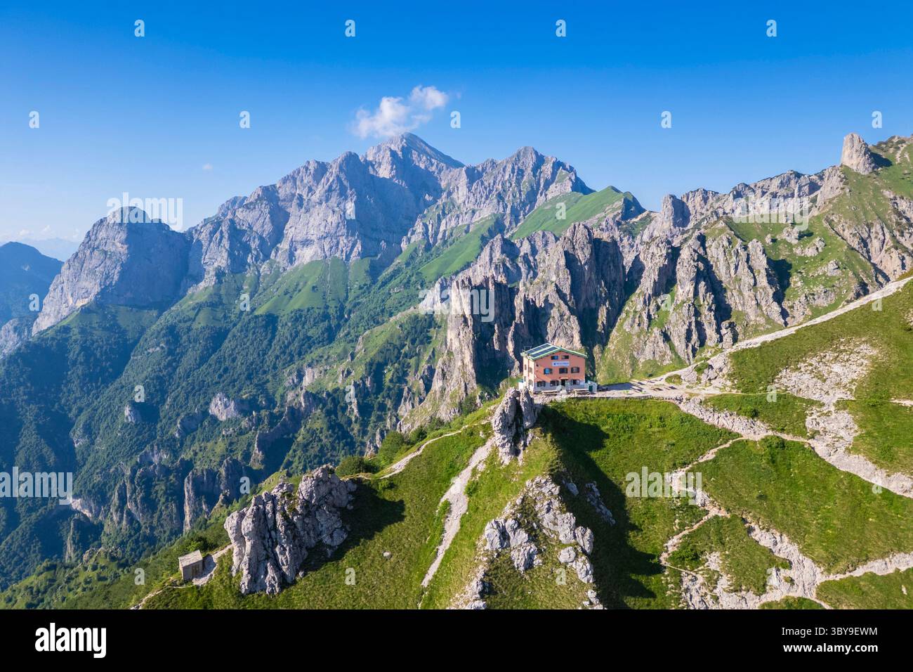 Aerial view of the Rifugio Rosalba and Grigna in summer. Piani ...