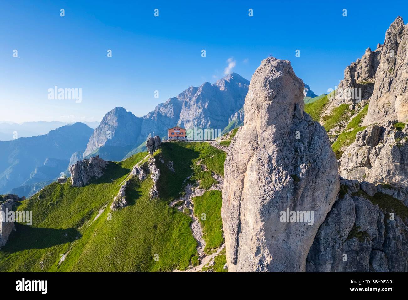 Aerial view of the Rifugio Rosalba and Grigna in summer. Piani ...