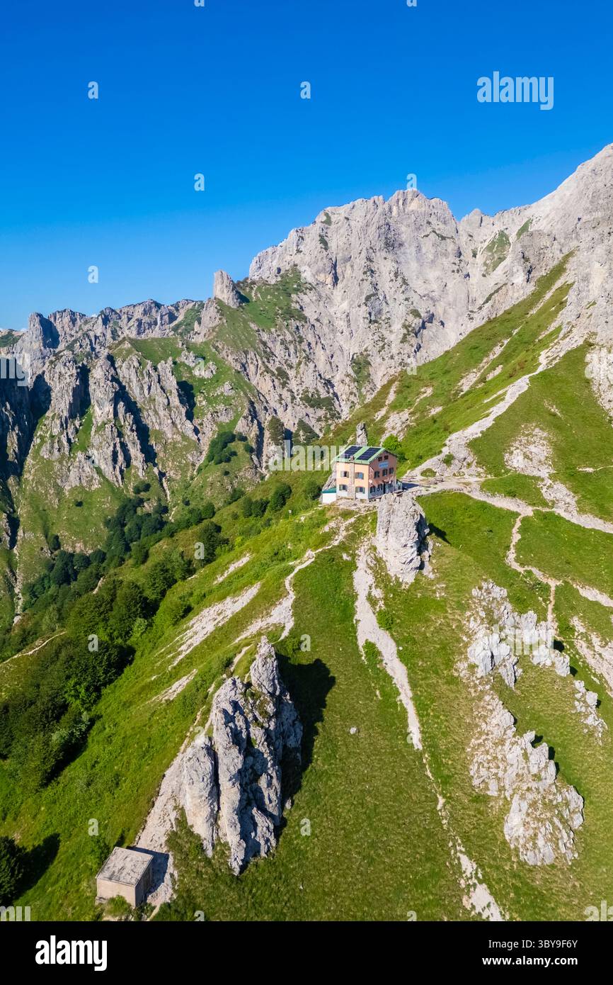 Aerial view of the Rifugio Rosalba and Grigna in summer. Piani ...