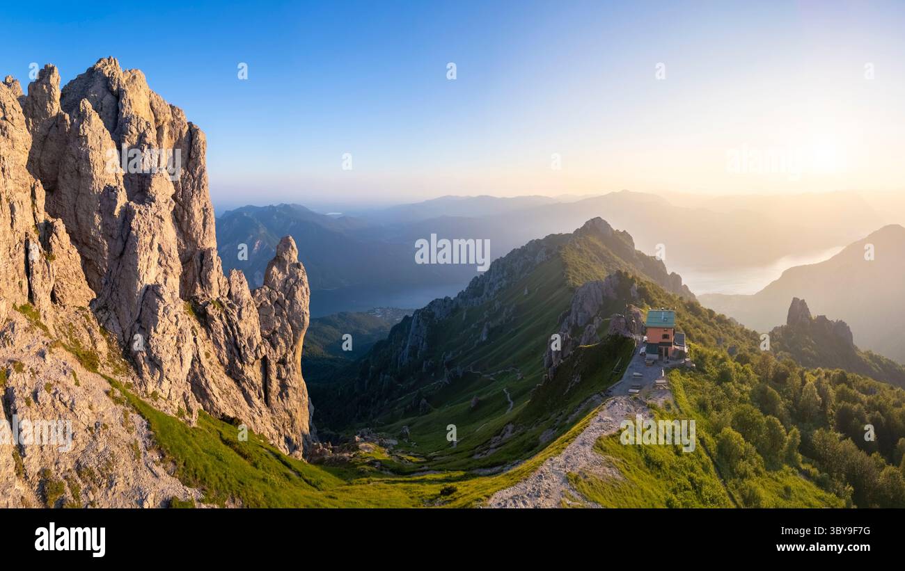 Aerial view of the Rifugio Rosalba and Grignetta in summer at sunset ...