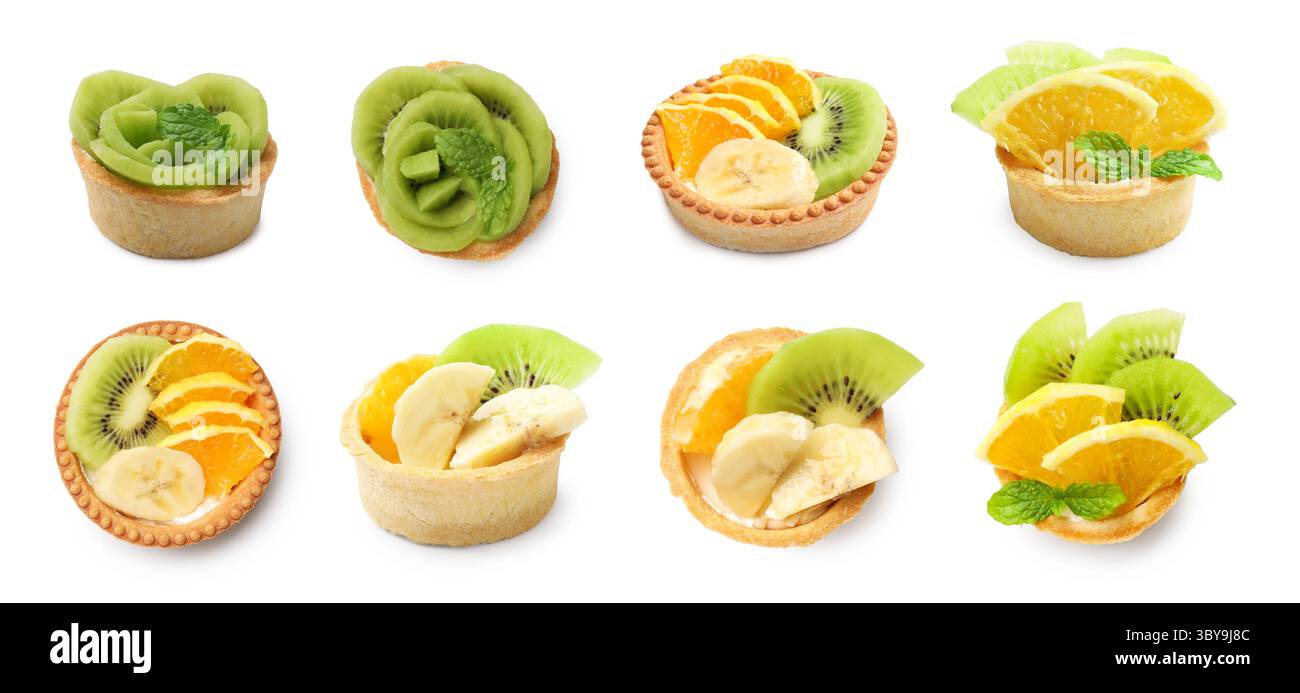 Sweet tartlets with different fruits isolated on white, set Stock Photo ...