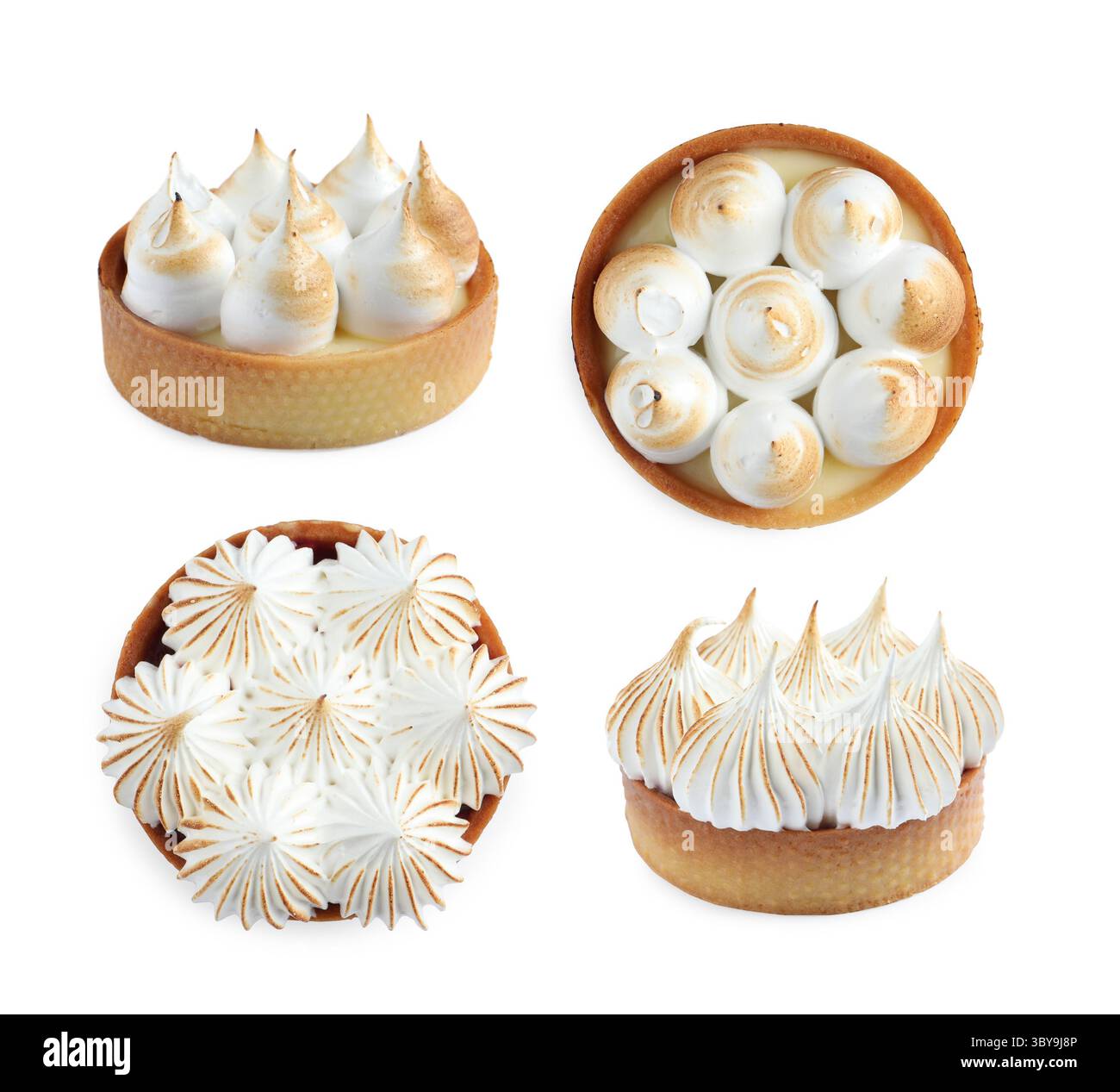 Sweet tartlets with different fillings isolated on white, set. Top and ...