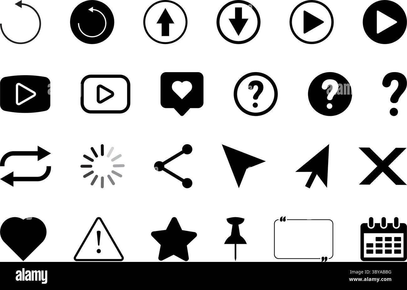 A diverse set of black and white icons representing actions like play refresh share and ...
