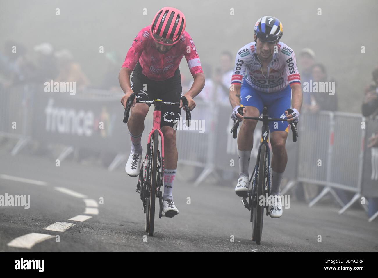 Ben Healy battles with Primoz Roglic on the mountain climb of ...
