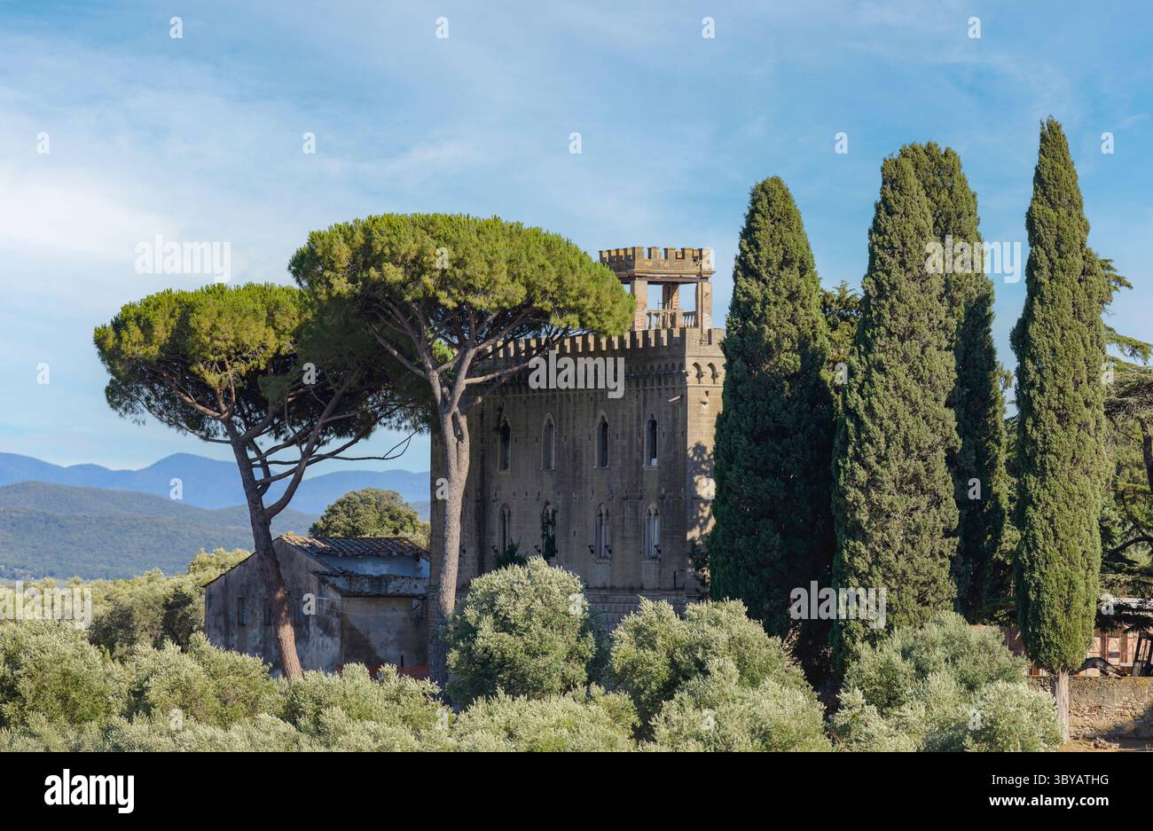 Historic Tuscan Villa With Tower, Cypress Trees, and Pine Forest in ...