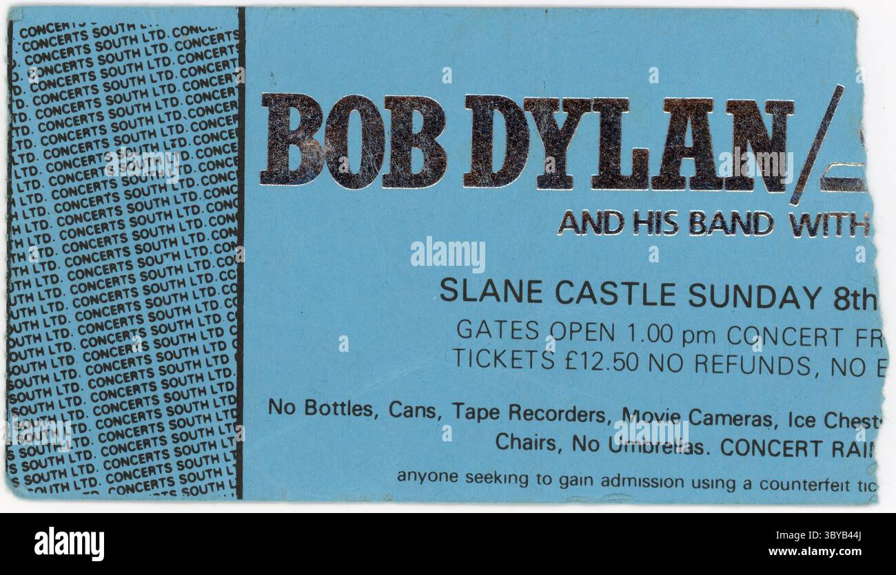 Bob Dylan concert ticket stub, Slane Castle, Republic of Ireland, 8 July 1984 - other bands on ...