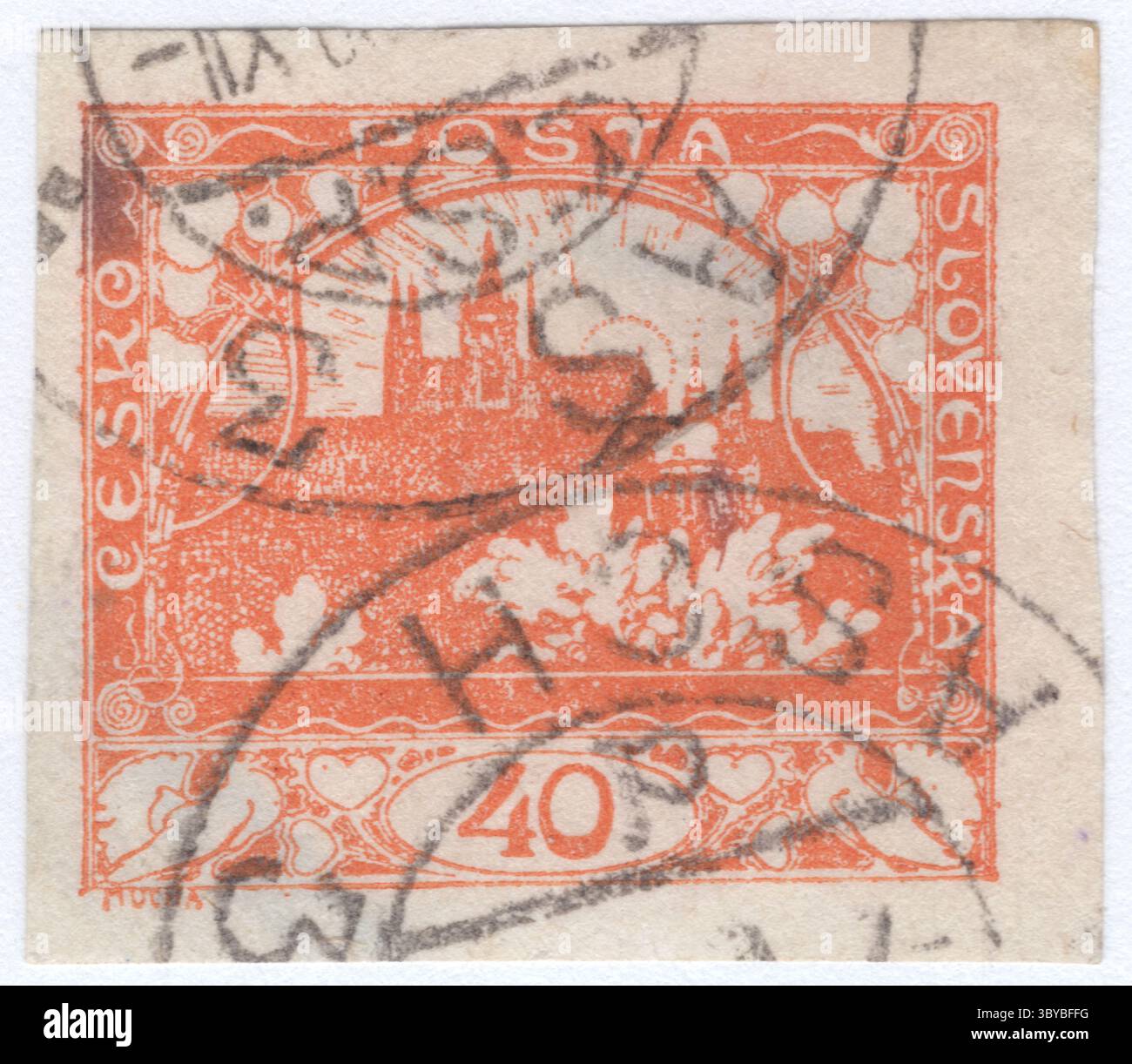 CZECHOSLOVAKIA - 1919 January 23: 30 haléř red-orange postage stamp ...