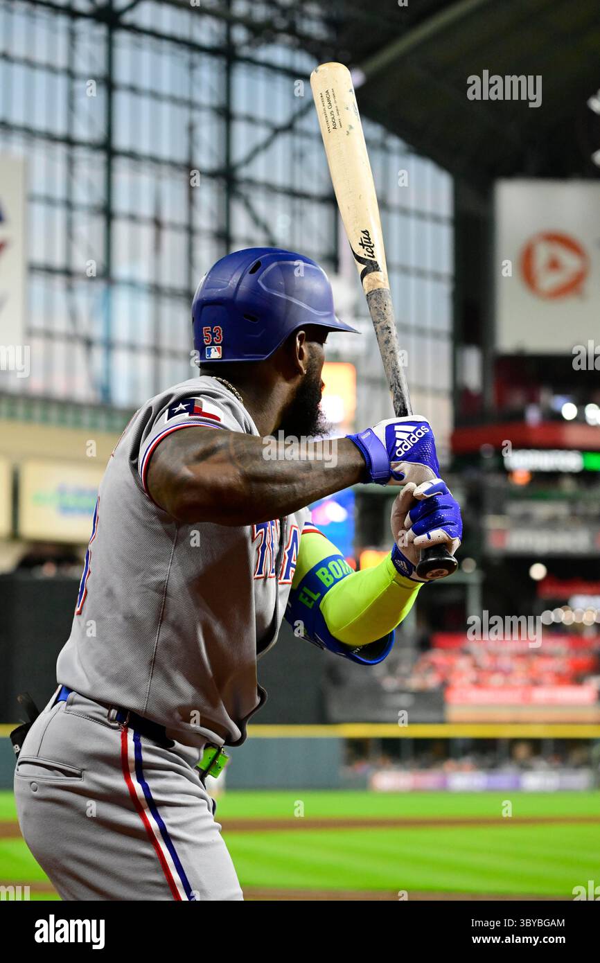 Texas Rangers outfielder Adolis García (53) his in the on-deck circle ...
