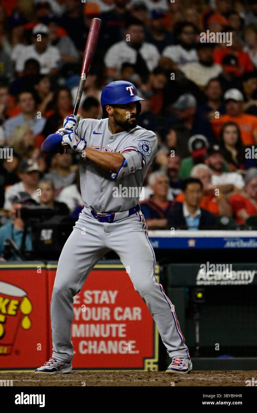 Texas Rangers second base Marcus Semien (2) bats in the seventh inning ...