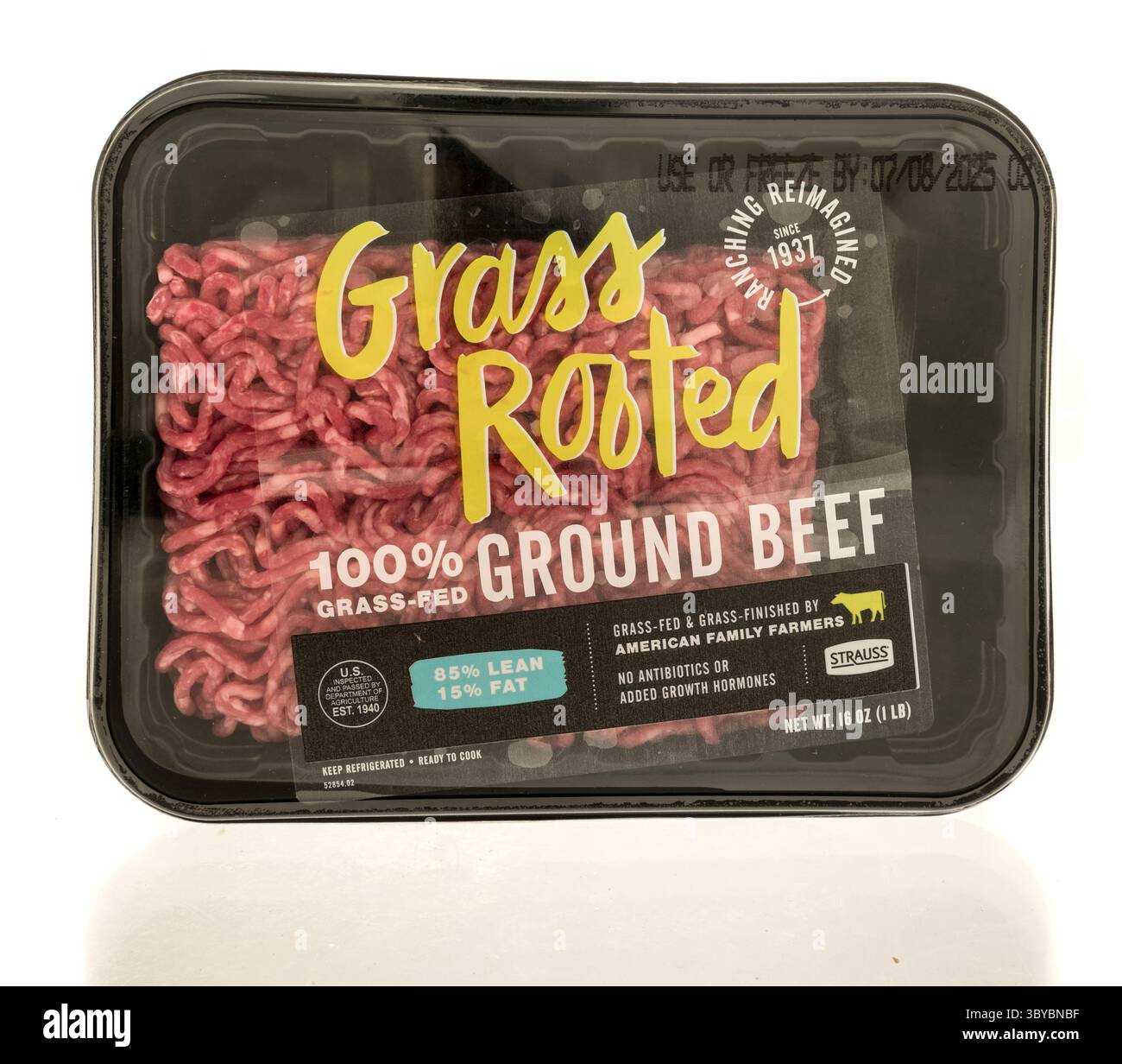 Winneconne, WI - 4 July 2025: A package Grass rooted ground beef on an ...