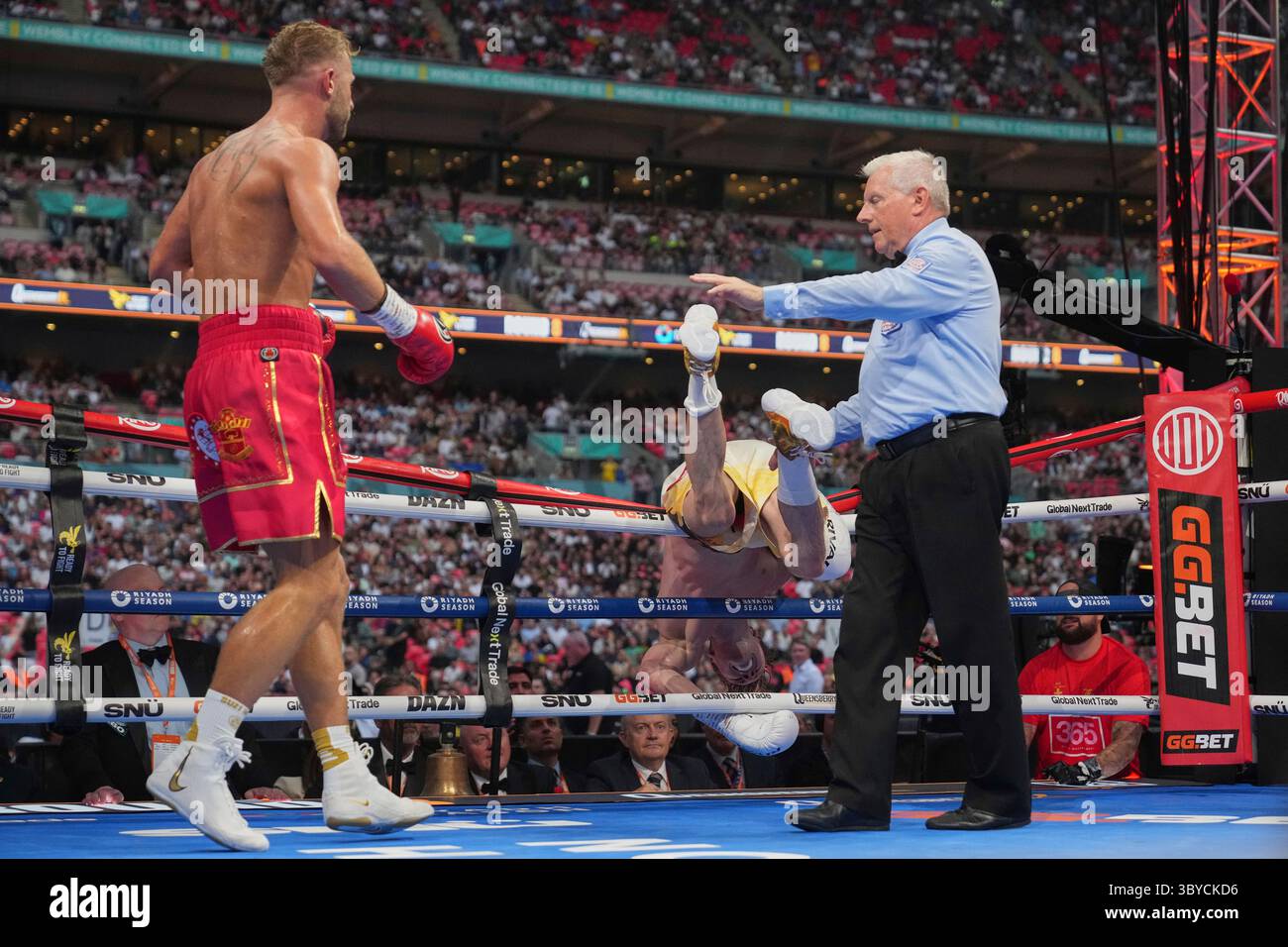 Ukraine's Daniel Lapin is thrown on the ropes by United Kingdom's Lewis ...