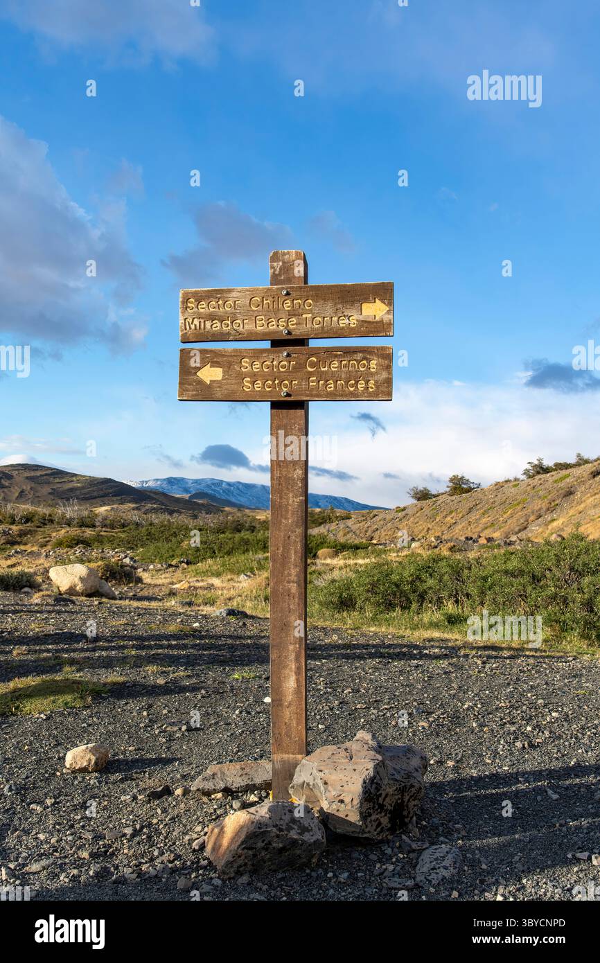 Torres del Paine National Park, Patagonia, Chile; Wooden sign on W-trek ...