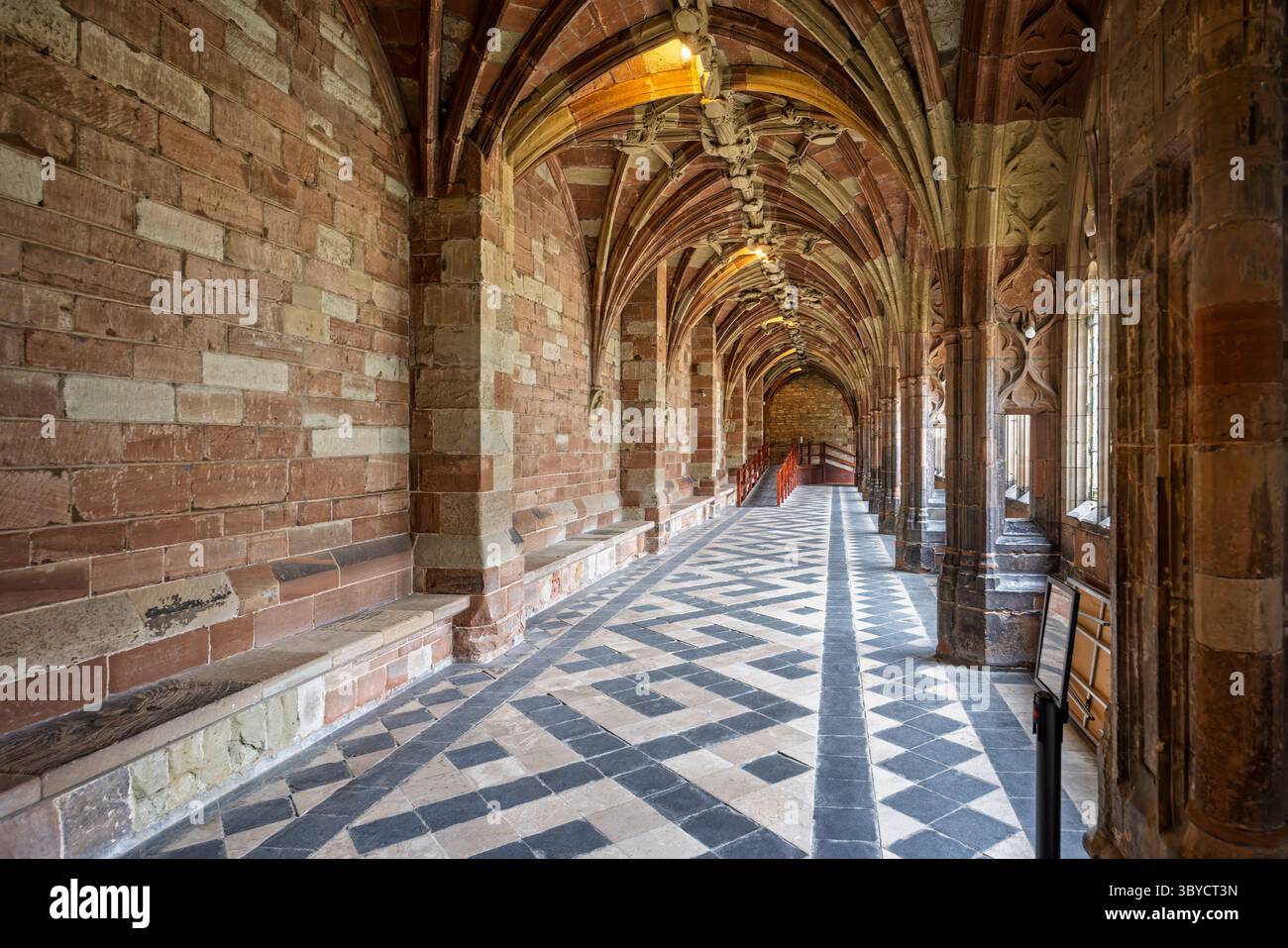 View of the medieval cloisters in Worcester Cathedral with vaulted ...
