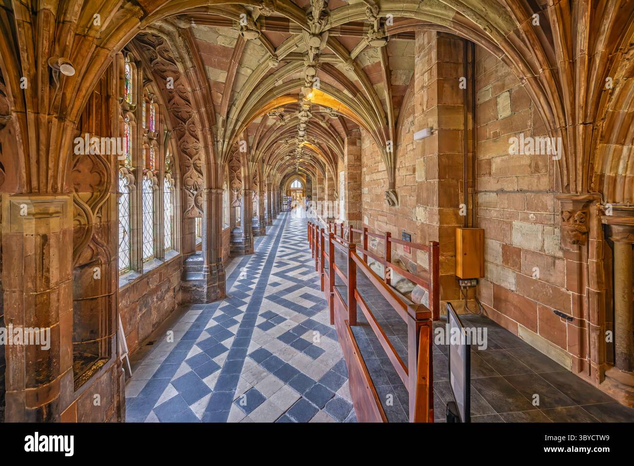 View of the medieval cloisters in Worcester Cathedral with vaulted ...