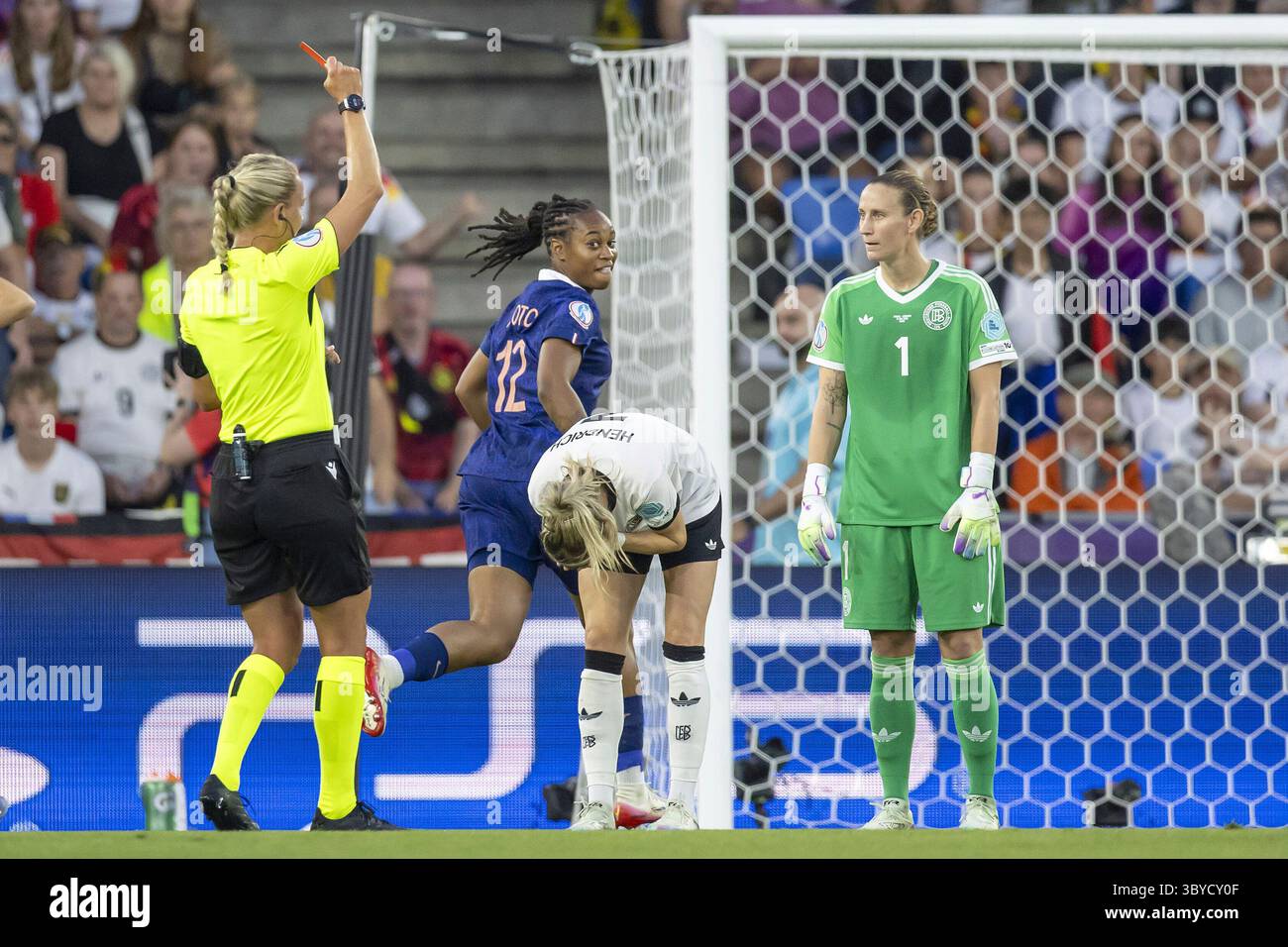 Referee Tess Olofsson shows a red card to Germany's Kathrin Hendrich ...