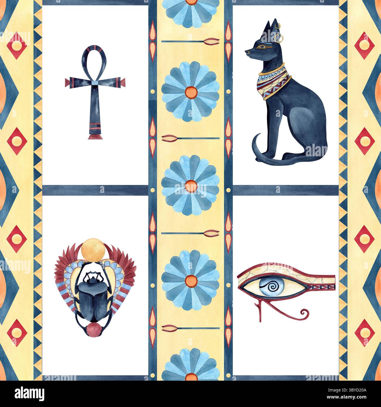 Egyptian seamless pattern with Bastet, Scarab beetle, eye of Horus ...